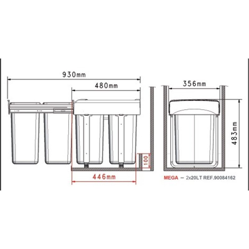 EKOTECH Beépíthető hulladékgyűjtő MEGA 40 2X20 LITER